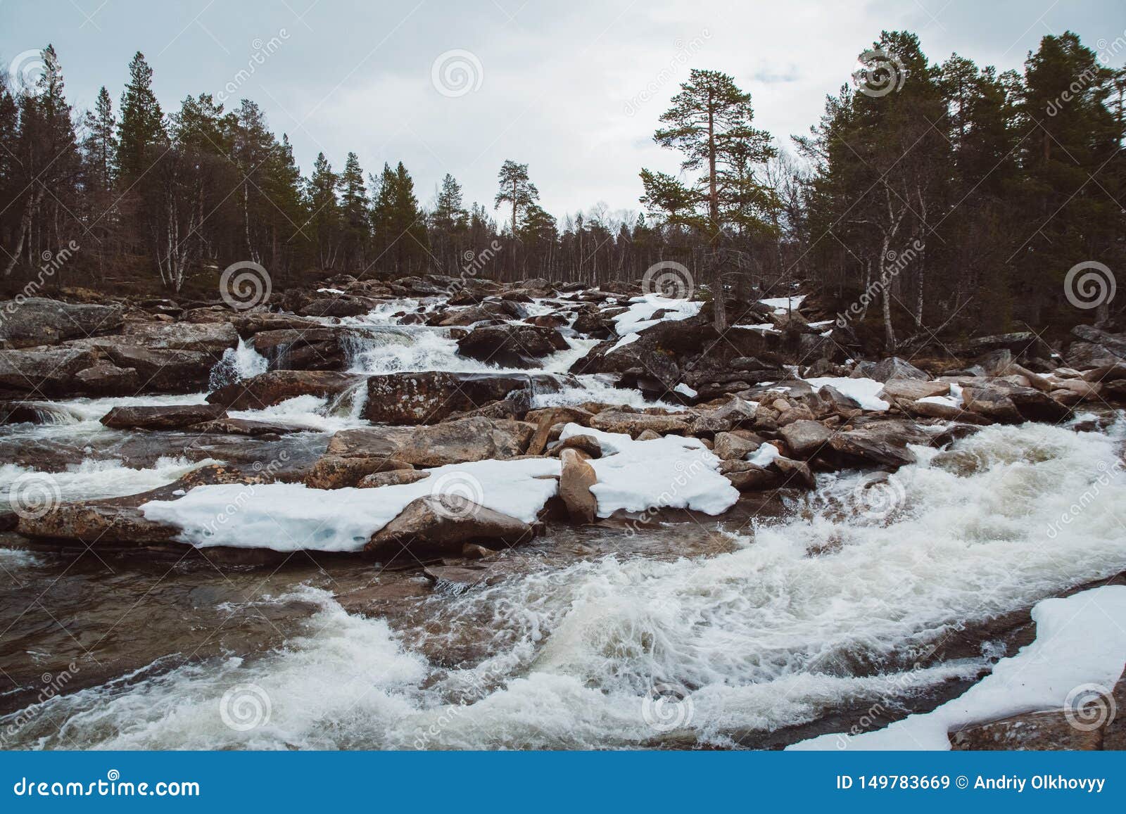 Landscape of the Mountain River and the Waterfall Flowing between the ...