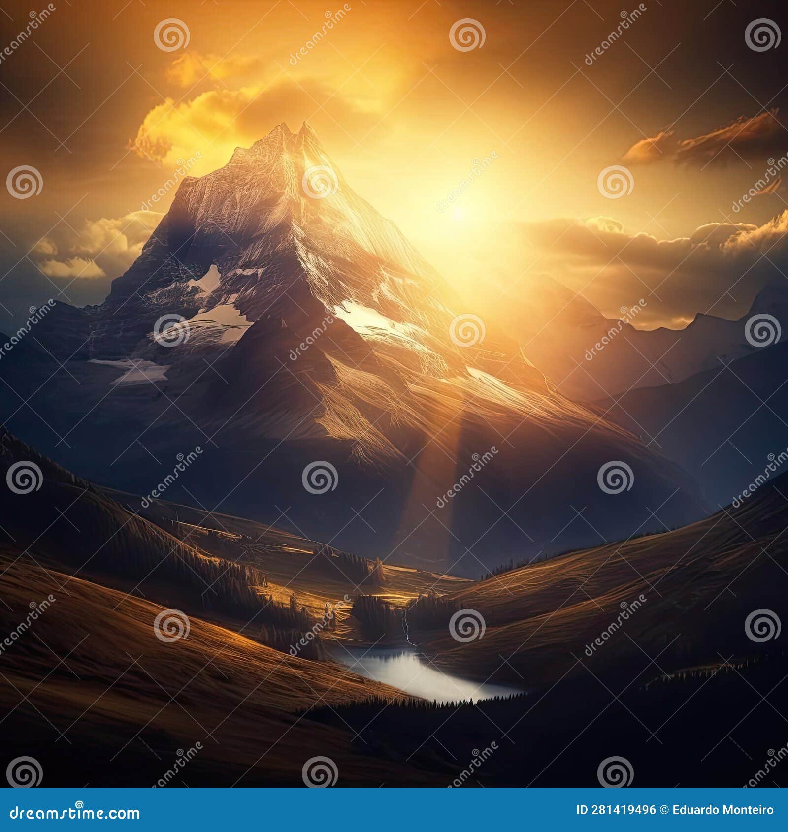 Landscape of a Mountain at Sunrise Stock Illustration - Illustration of ...