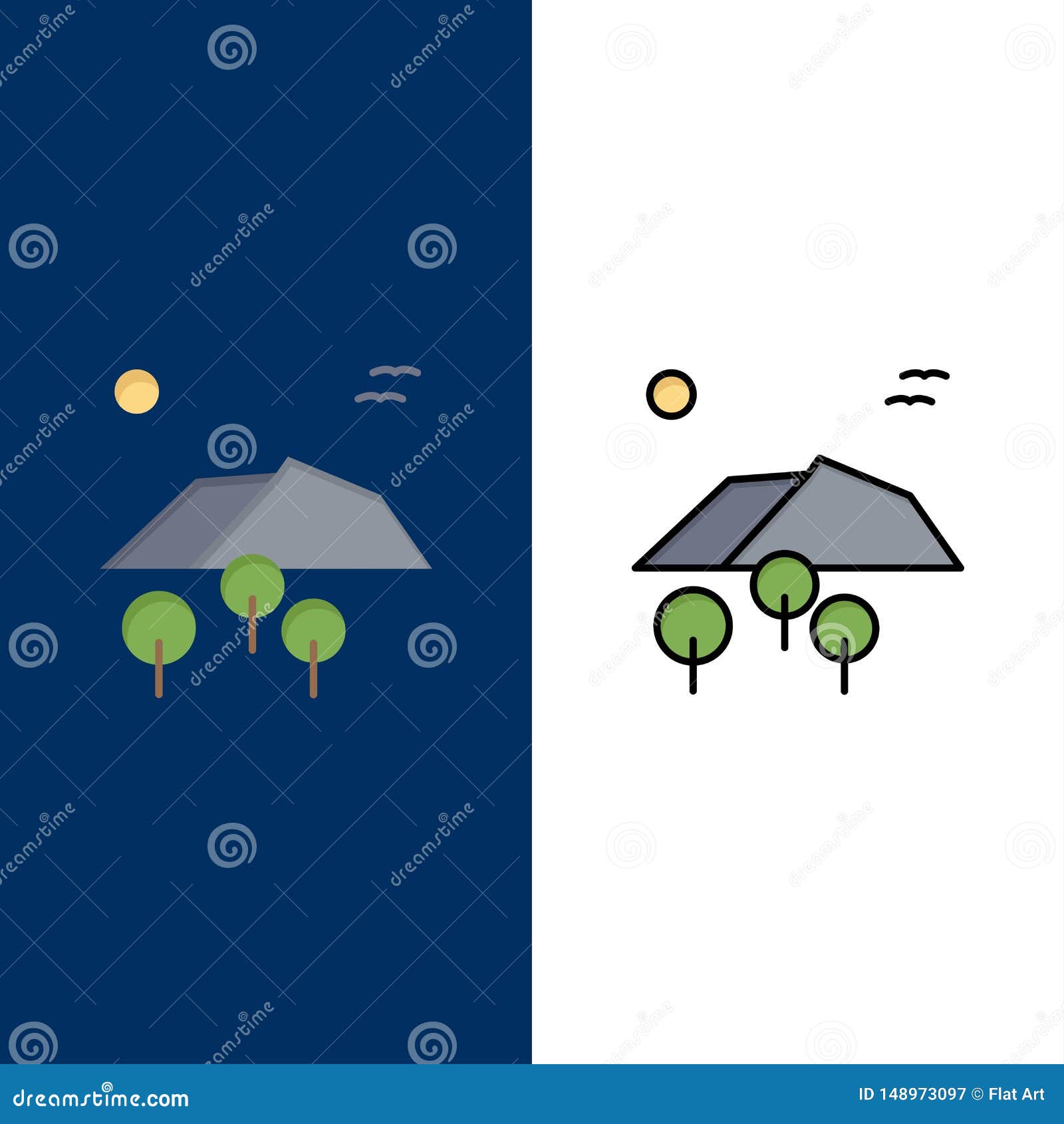 Landscape, Mountain, Tree, Birds Icons. Flat and Line Filled Icon Set ...