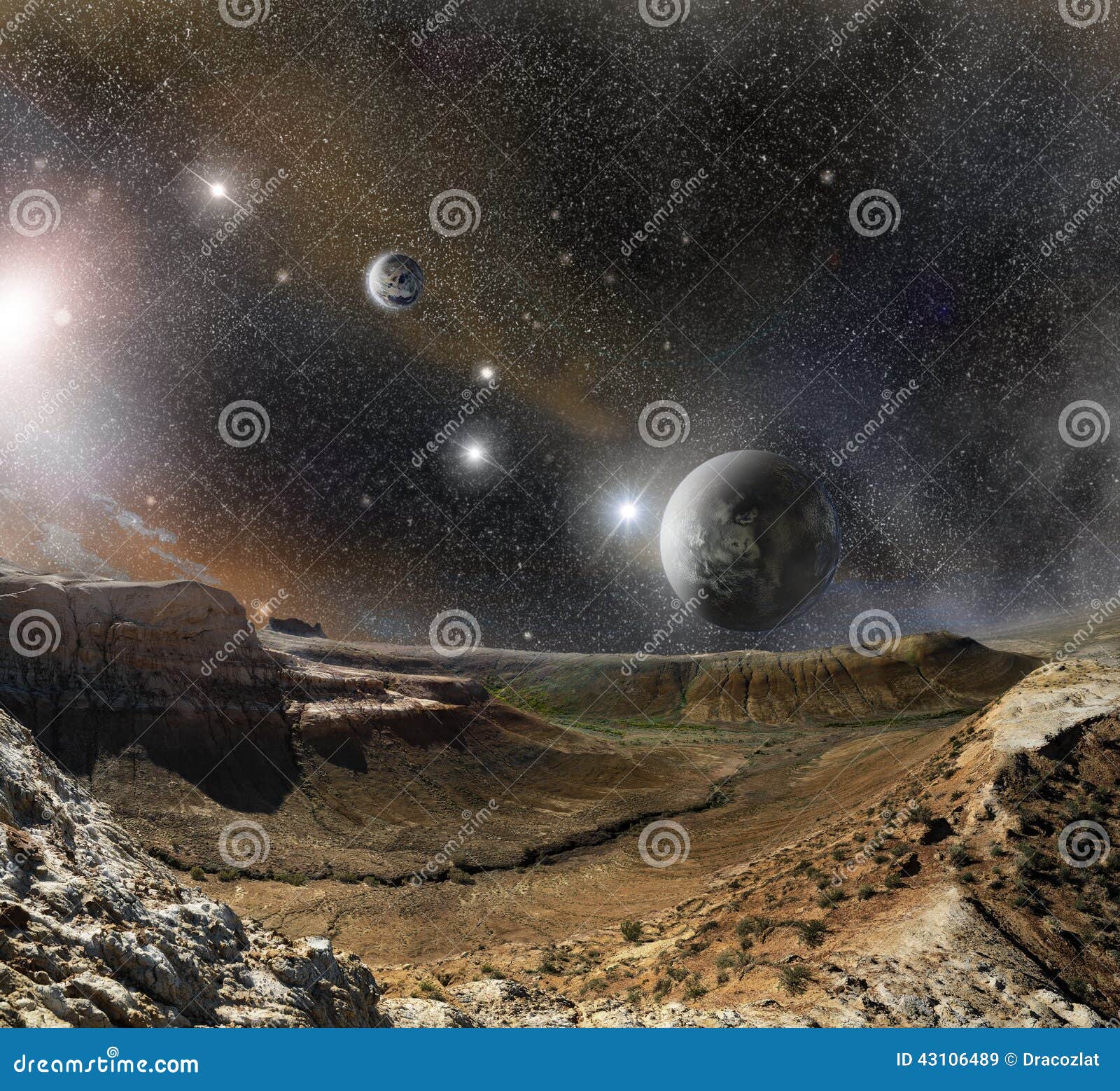Landscape Mountains and Cosmos Space Stock Illustration - Illustration ...