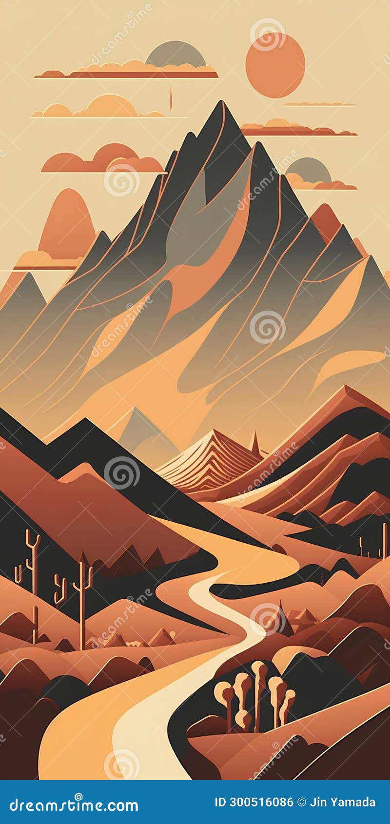 Landscape with Mountains and Desert. Vector Illustration in Flat Style ...
