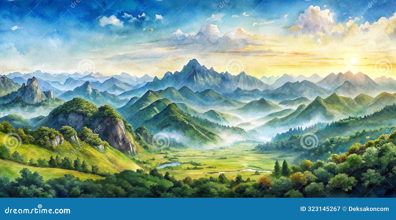 Landscape with Mountains Equirectangular Panorama Watercolor Drawing AI ...