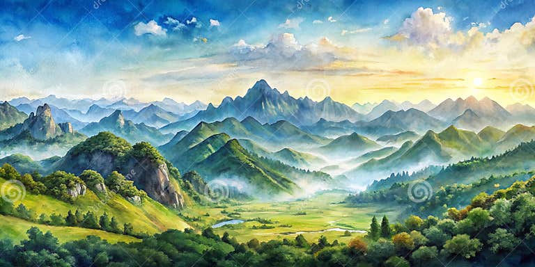 Landscape with Mountains Equirectangular Panorama Watercolor Drawing AI ...
