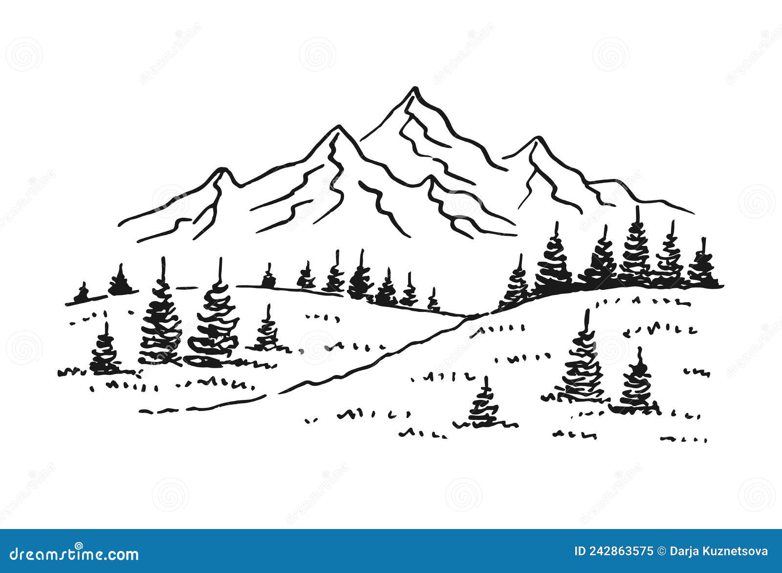 Landscape with Mountains and Forest. Hand Drawn Illustration Converted ...