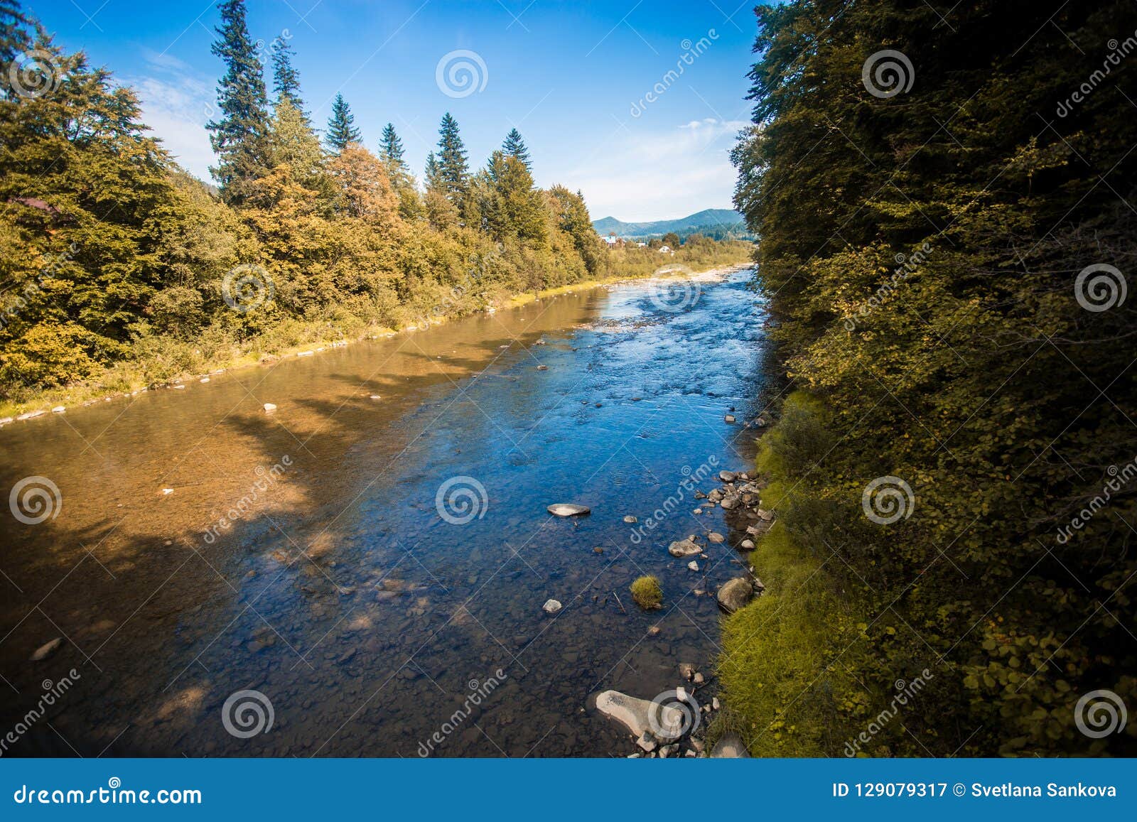 Landscape with Mountains, Forest and River in Front Stock Image - Image ...