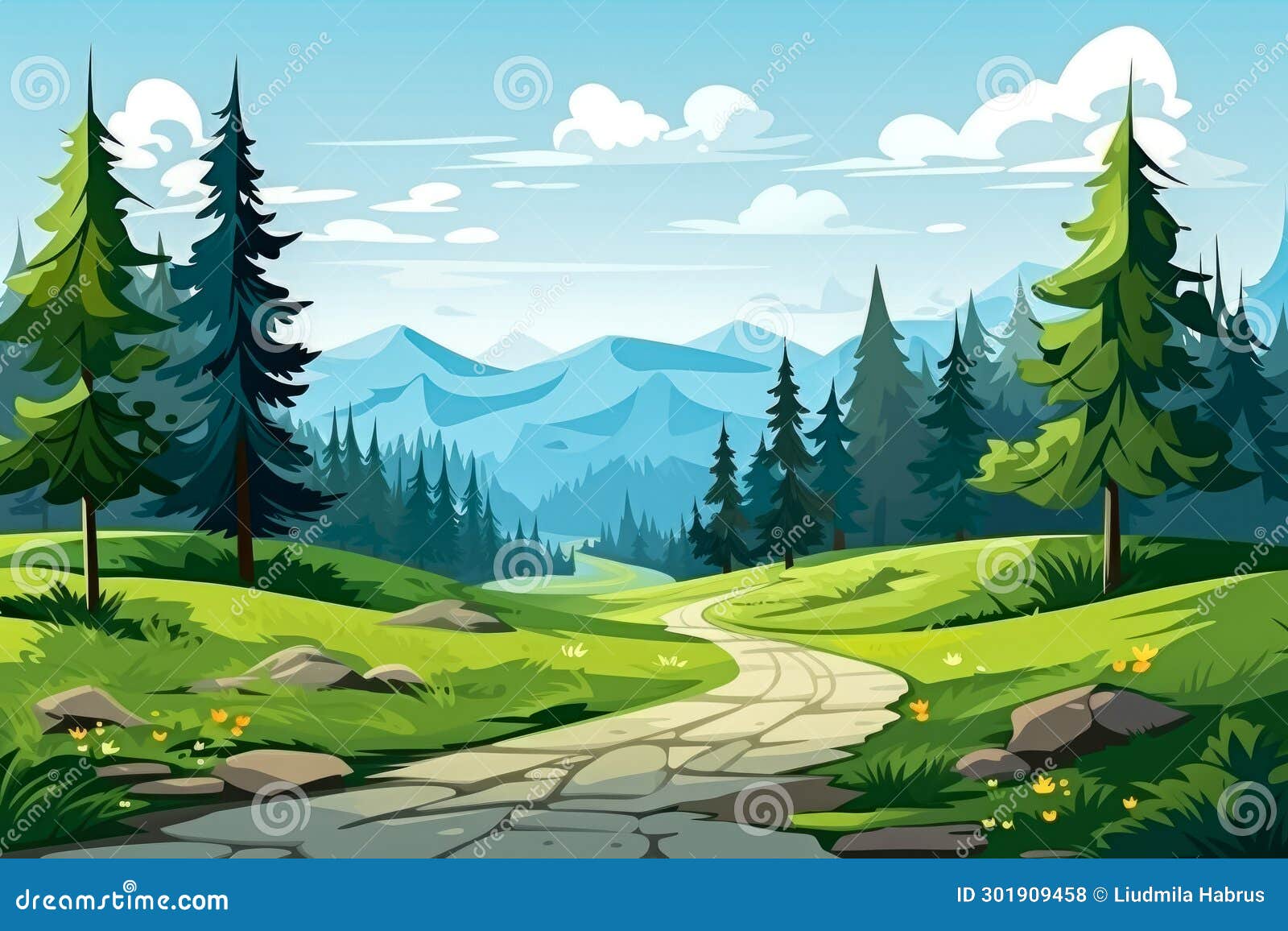 Landscape with Mountains, Forest and Road. Cartoon Illustration. Stock ...