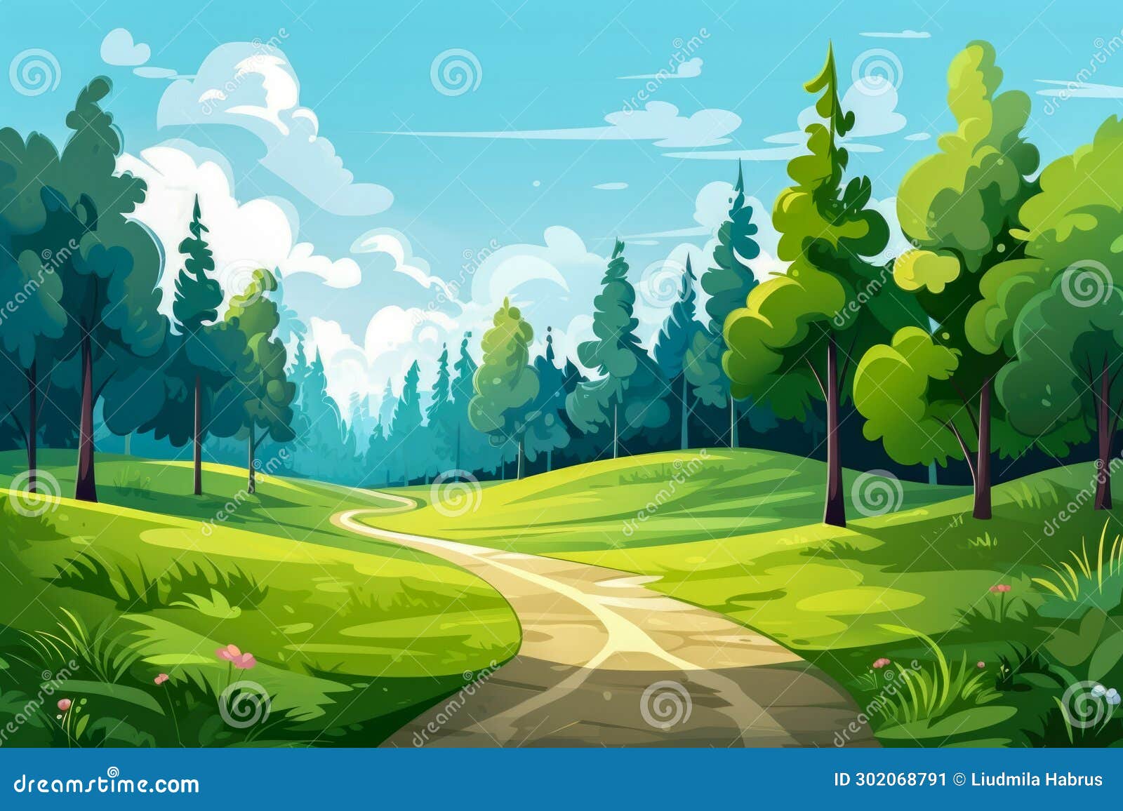 Landscape with Mountains, Forest and Road. Cartoon Illustration. Stock ...