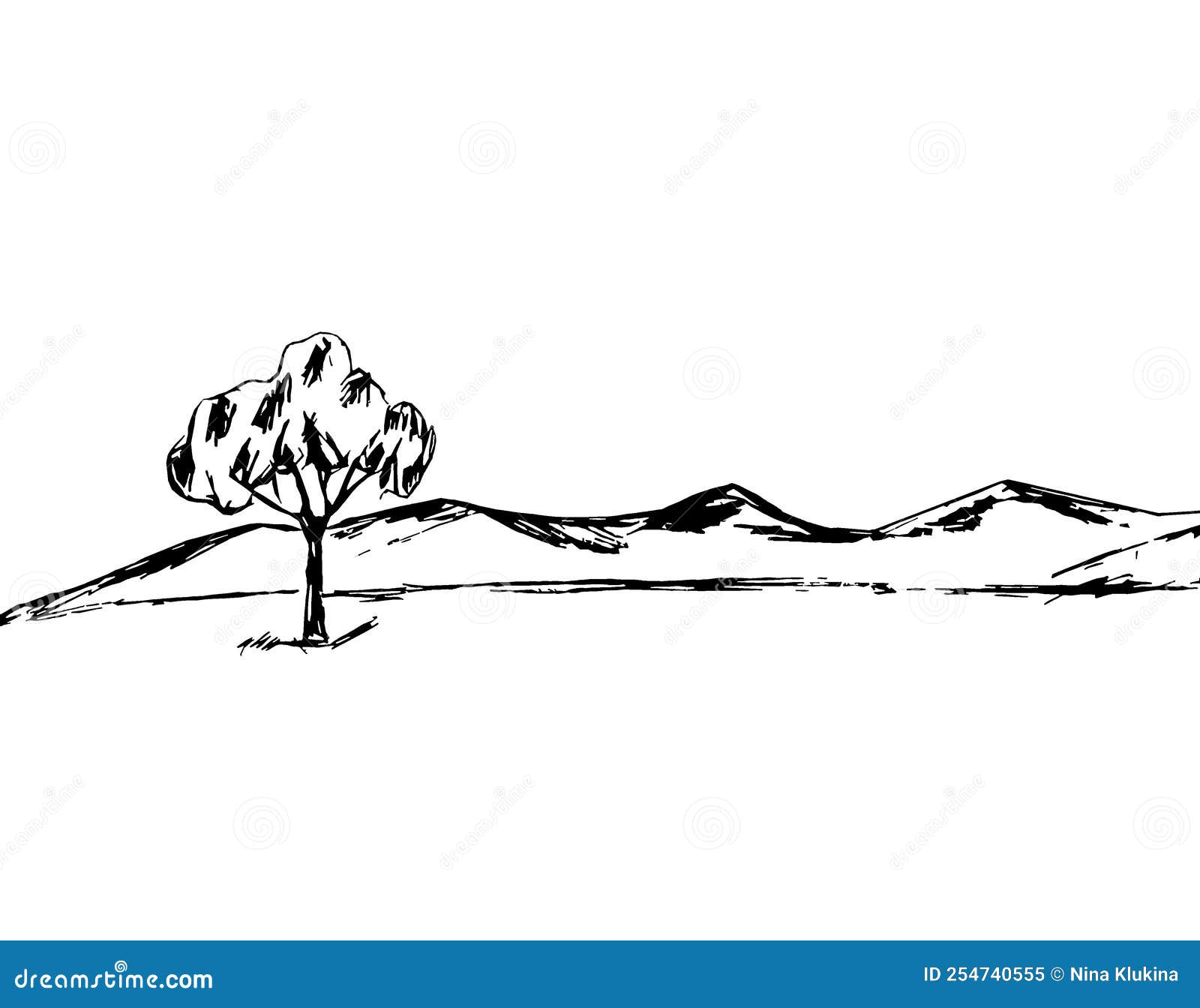 Landscape with Mountains and a Lone Tree in Black on a White Background ...