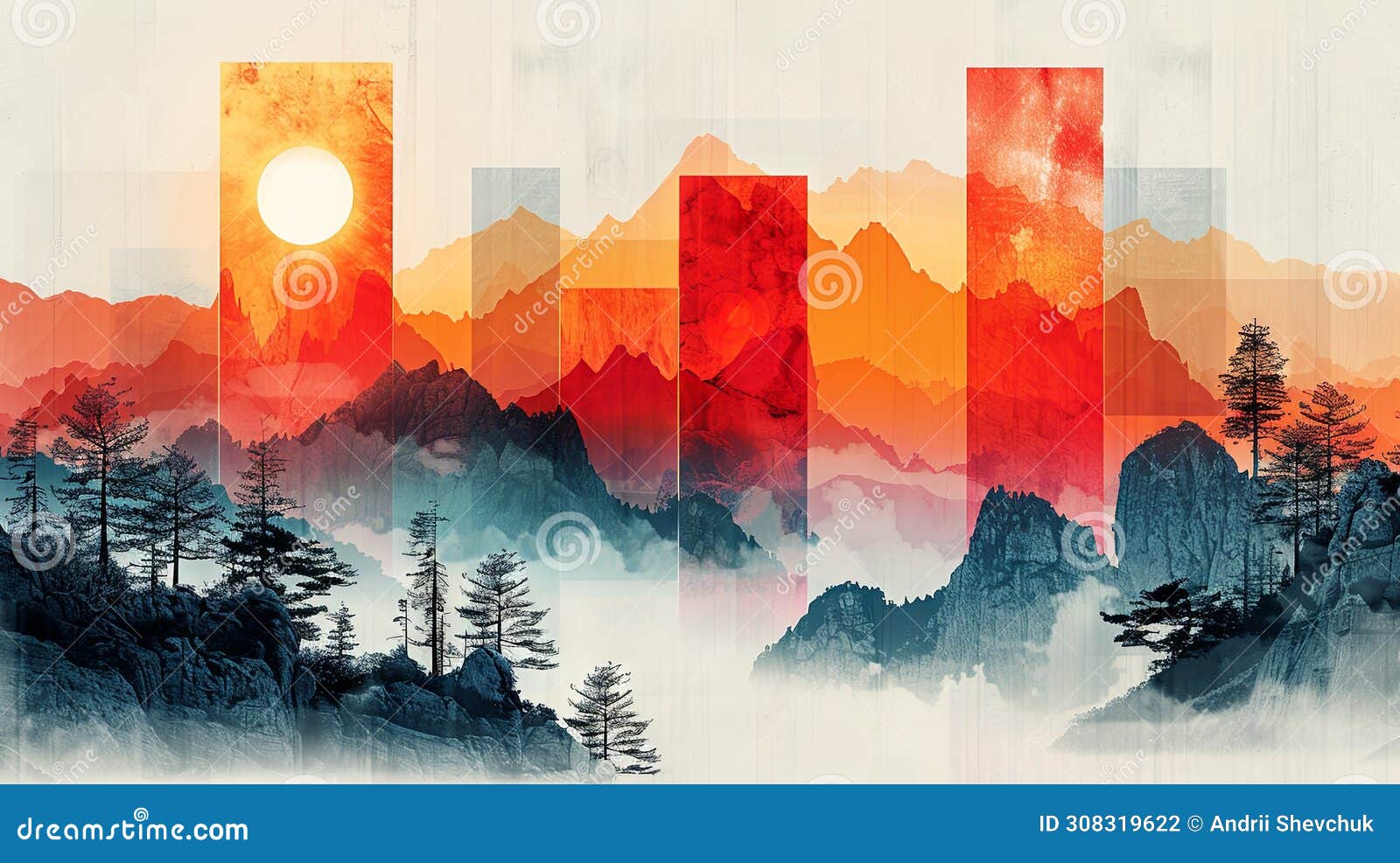 Landscape of Mountains and the Sun in the Mist. Collage Stock ...