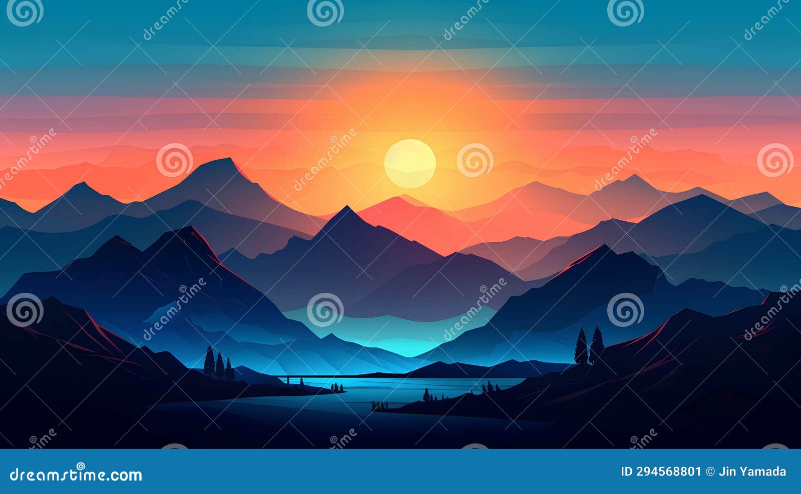 Landscape of Mountains at Sunset. Vector Illustration in Cartoon Style ...