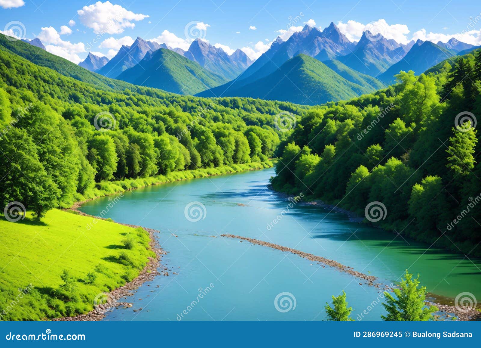 Landscape with Mountains Trees and a River in Front. Made with ...