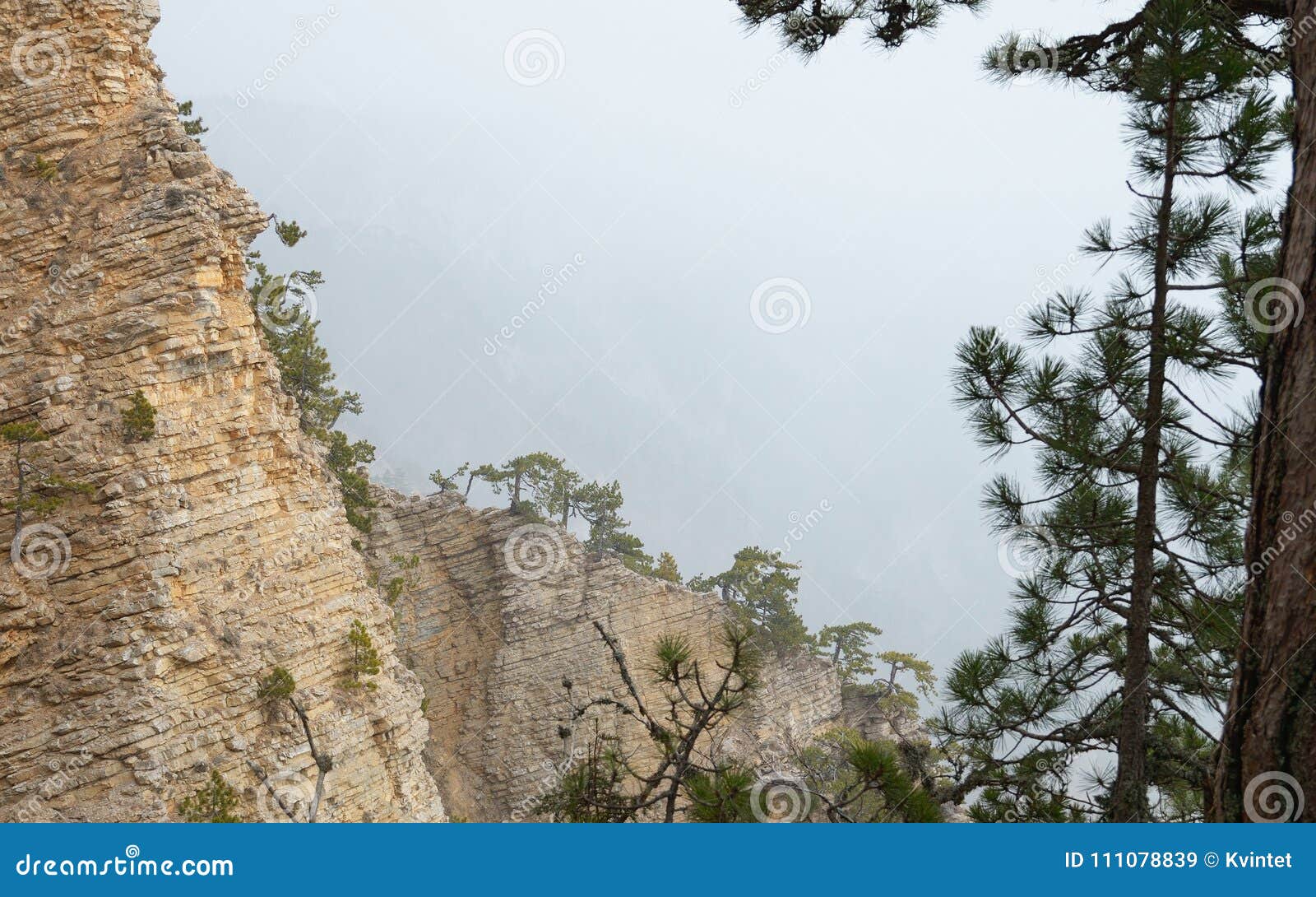 Rocky Cliff with Layered Structure Against Fog Stock Image - Image of ...