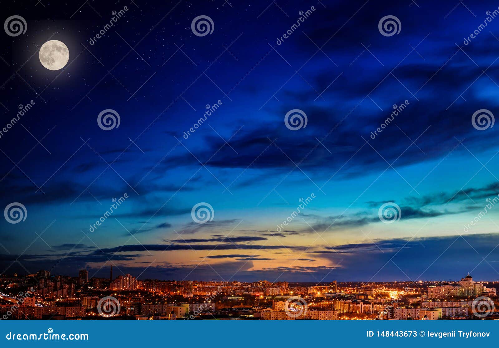 Landscape of the Night City, Moon and Stars in the Sky Stock Image ...