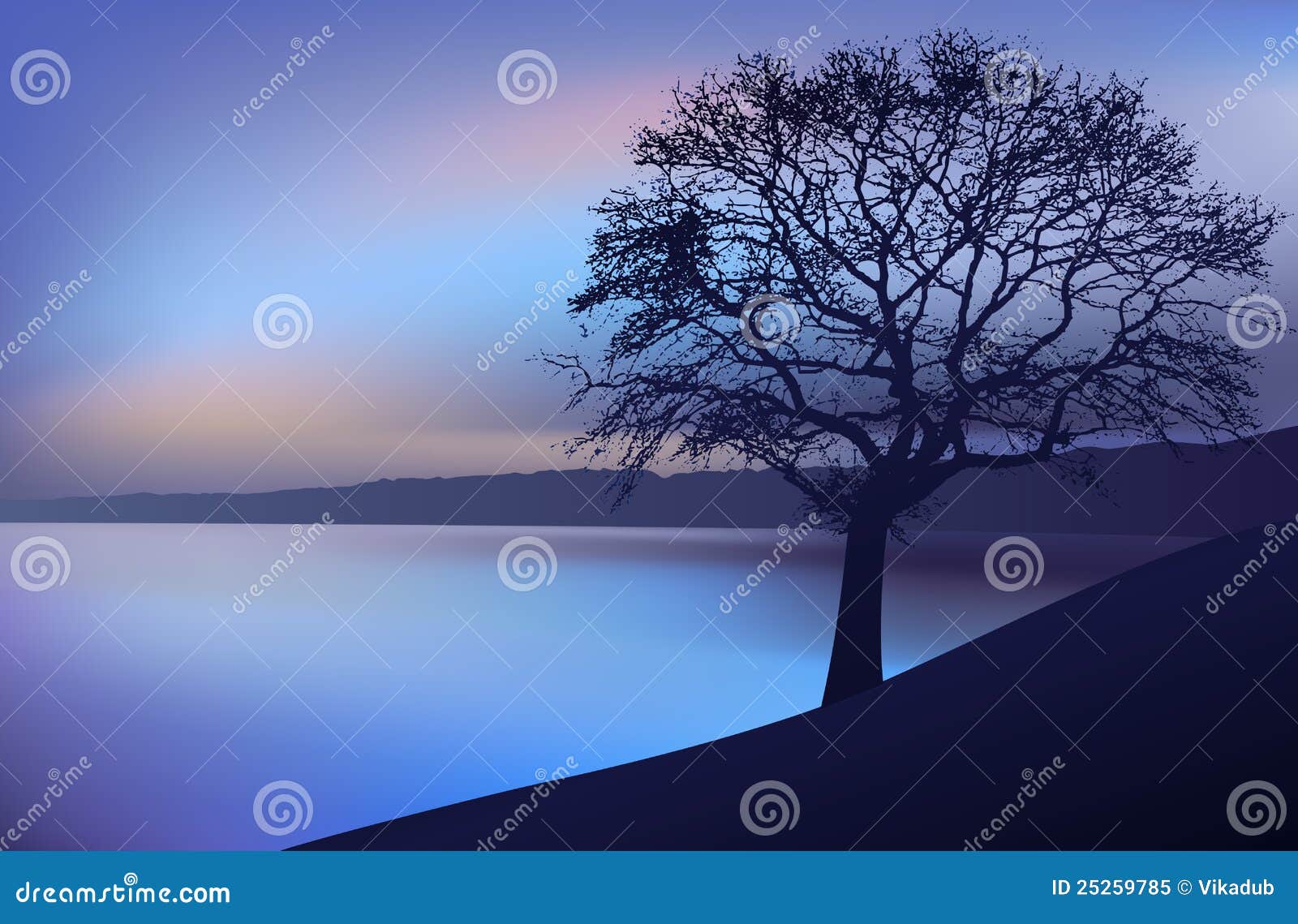 Landscape Night, a Tree Near the River Stock Illustration ...