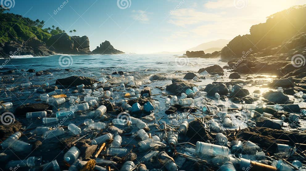 Landscape, Ocean Shore Littered with Empty Plastic Bottles Stock ...
