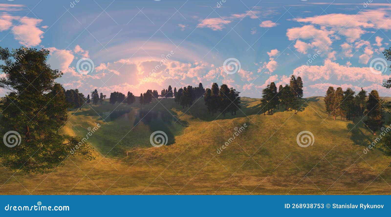 Landscape Panorama with Trees and Swamp, HDRI Stock Illustration ...
