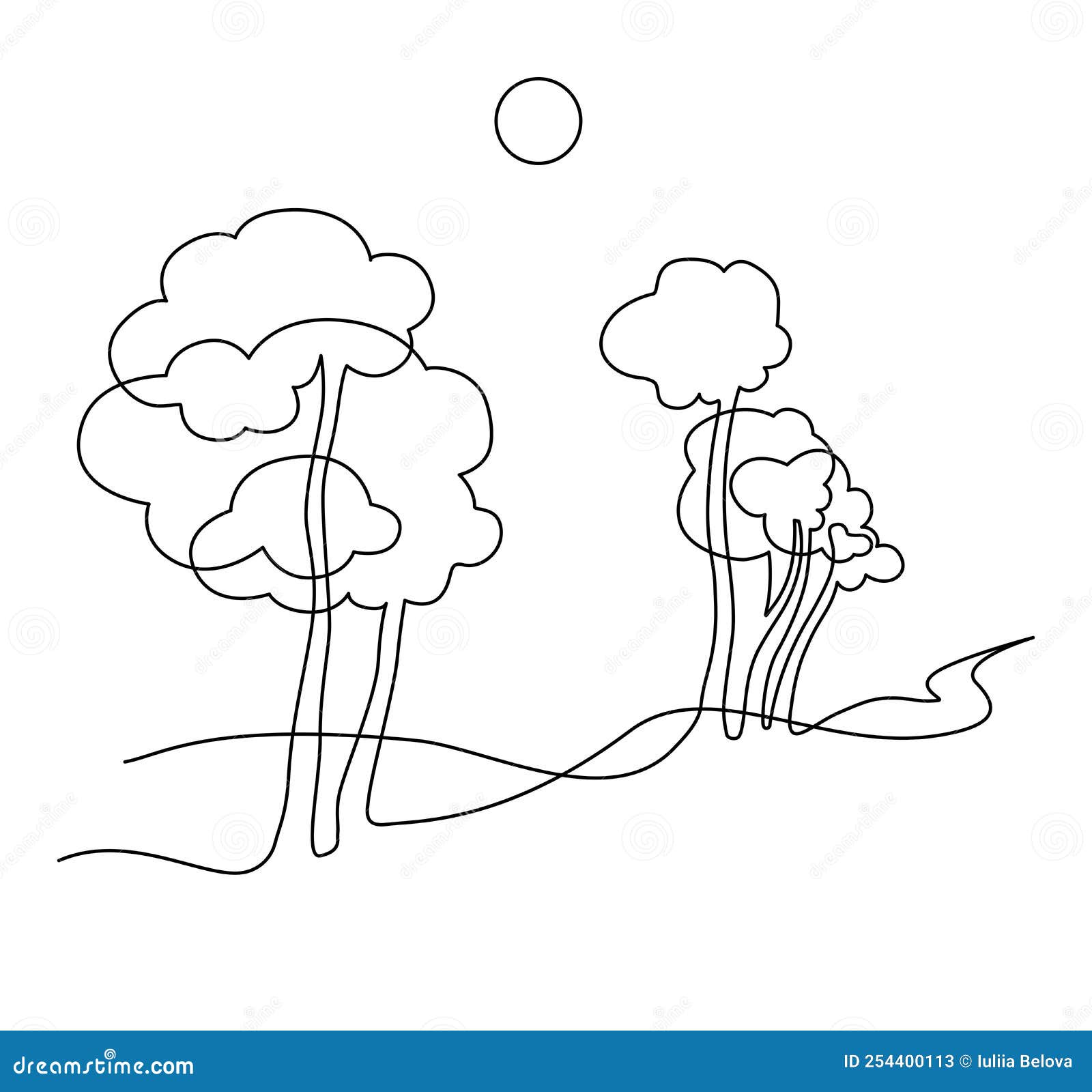 Landscape Park with Path and Trees. Continuous Line Drawing ...