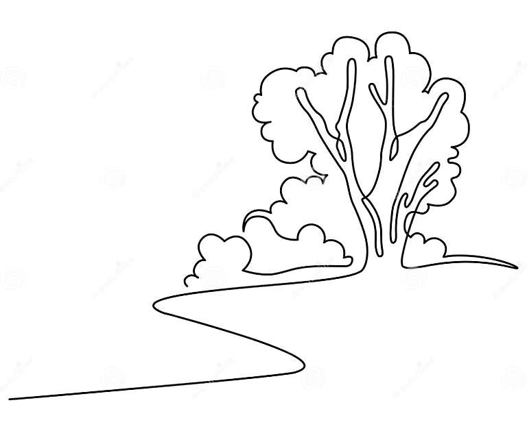 Landscape Park with Path and Trees. Continuous Line Drawing ...