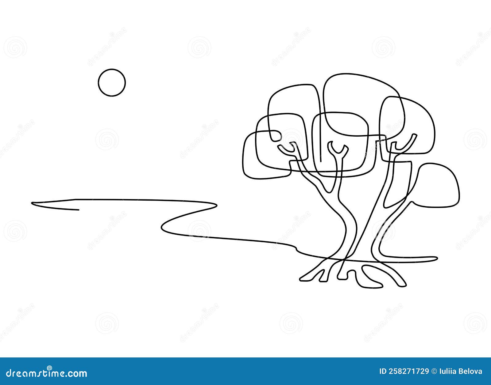 Landscape Park with Path and Trees. Continuous Line Drawing ...