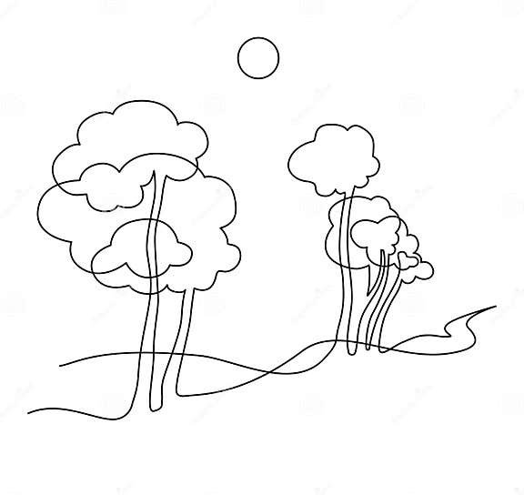 Landscape Park with Path and Trees. Continuous Line Drawing ...