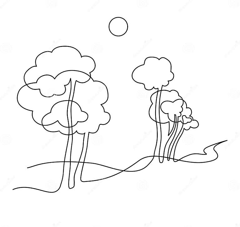 Landscape Park with Path and Trees. Continuous Line Drawing ...