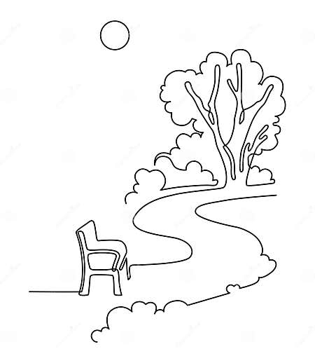 Landscape Park with Path and Trees. Continuous Line Drawing ...