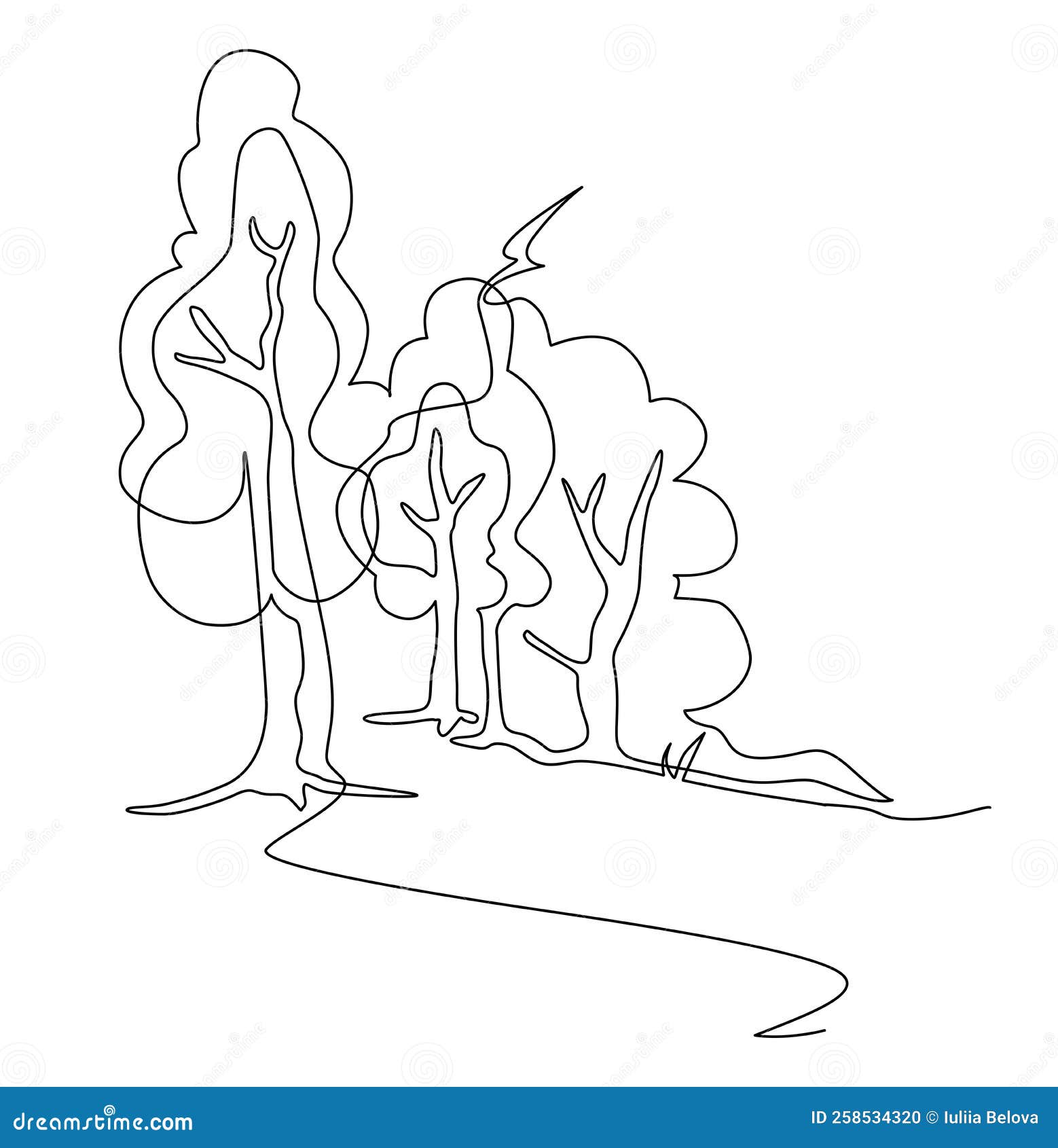 Landscape Park with Path and Trees. Continuous Line Drawing ...