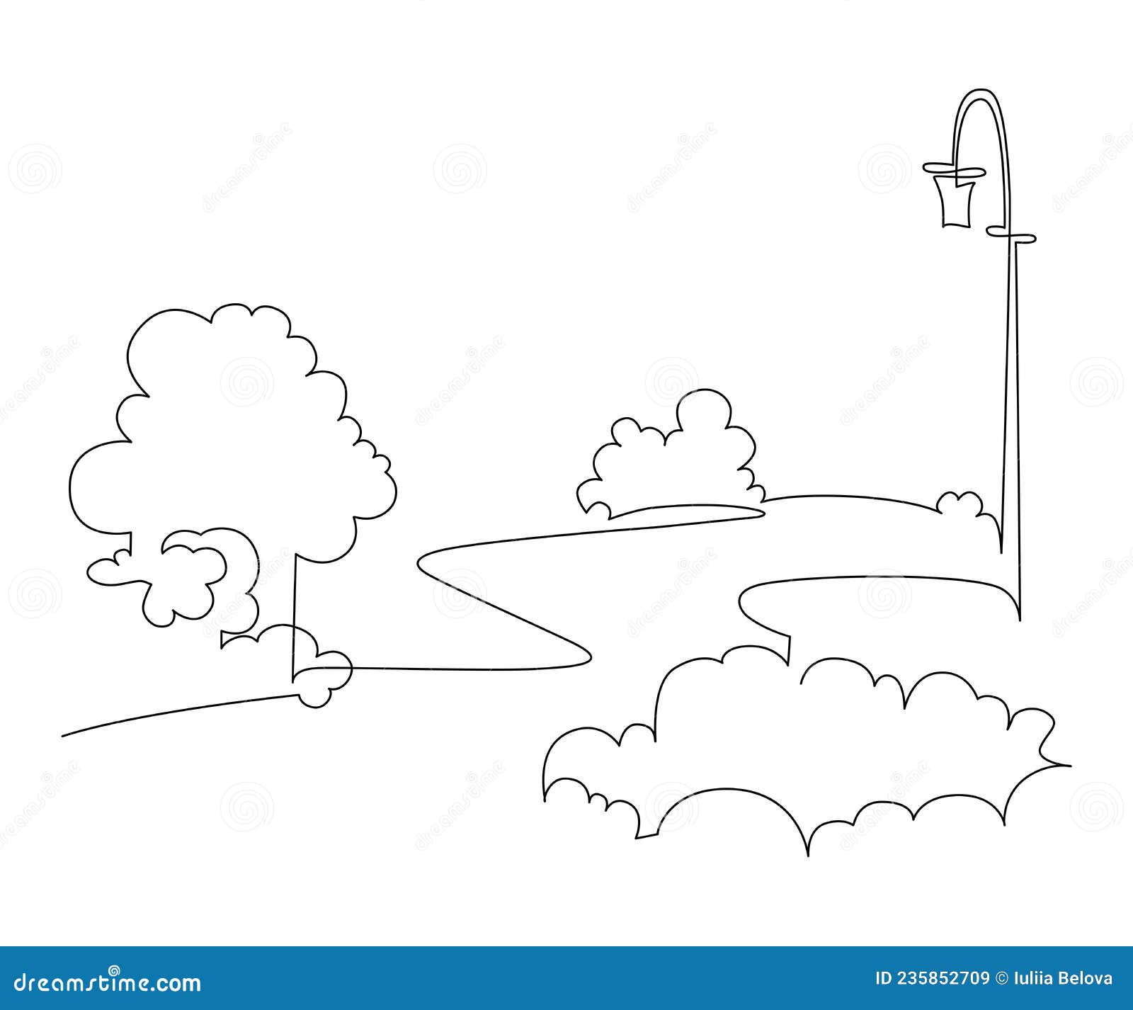 Landscape Park with a Path, Trees and a Lamppost. Continuous Line ...