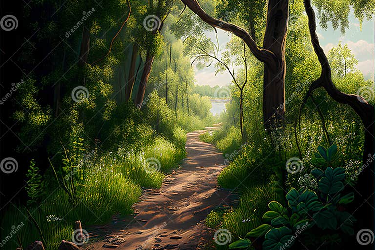 Landscape with Path in the Forest. 3d Render. Digital Painting Stock ...
