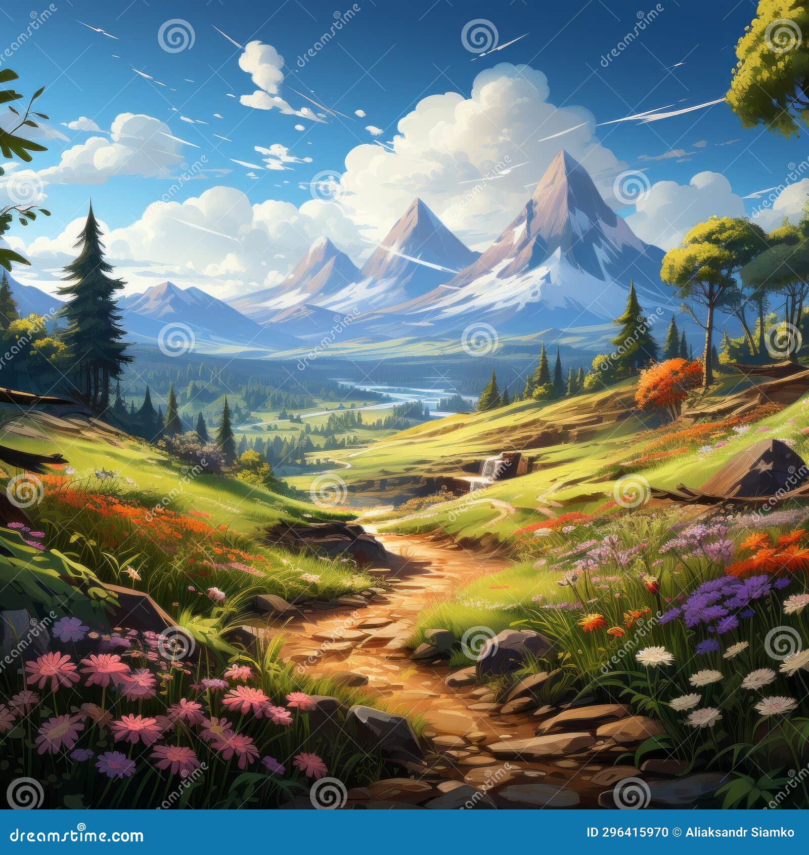 A Landscape with a Path and Mountains Stock Photo - Image of blue ...