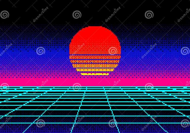 Landscape with Pixel Sun and Wireframe Grid of 80s Styled Retro ...