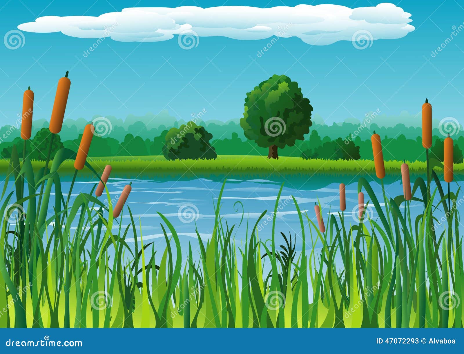 Landscape with pond stock vector. Illustration of lake - 47072293