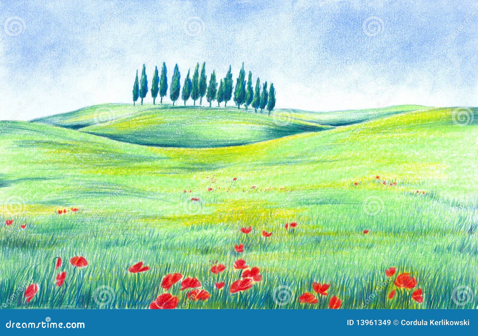 Landscape with Poppy Flowers Stock Illustration - Illustration of ...