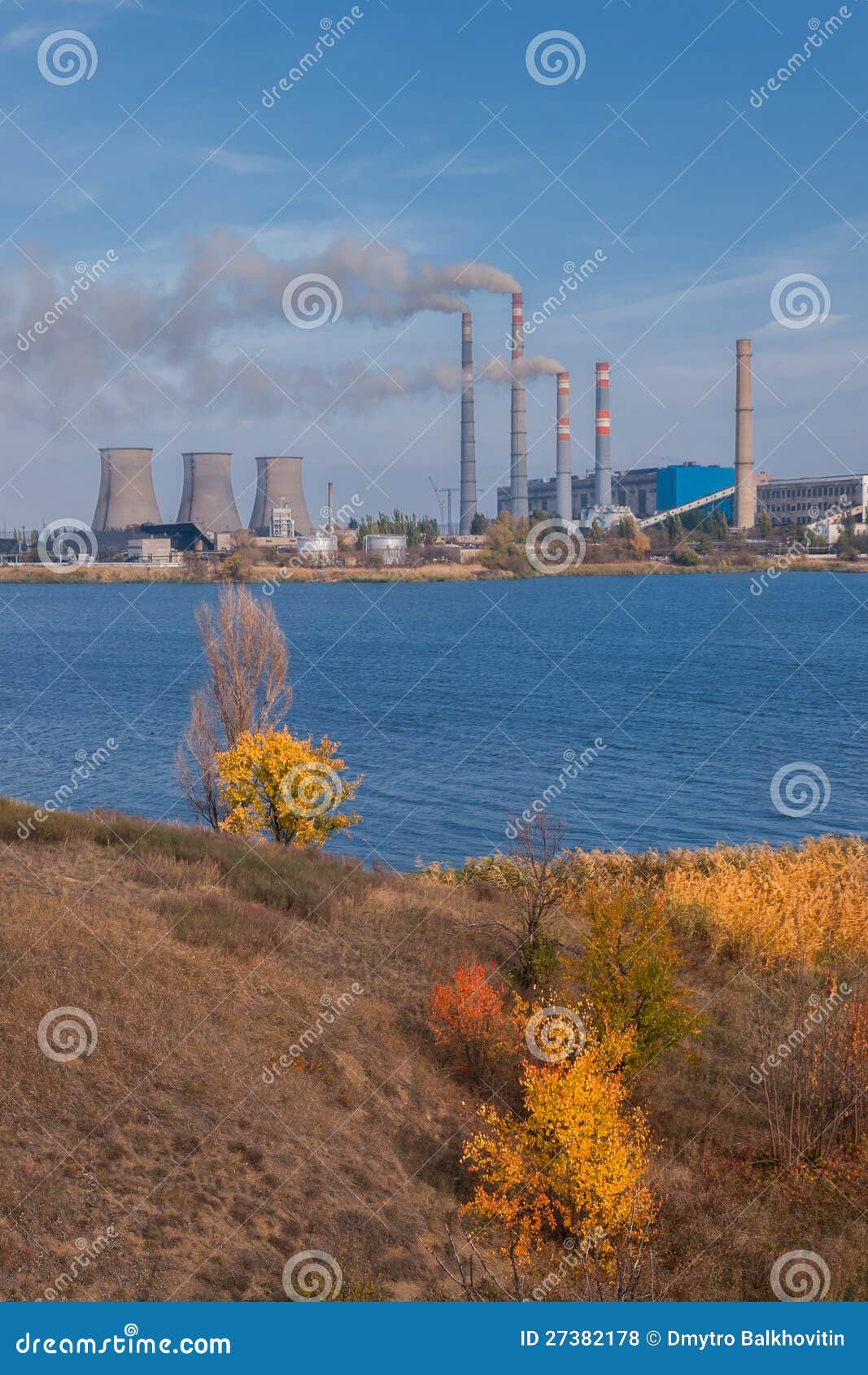 Landscape with Power Plant, Lake and Tree Stock Photo - Image of ...