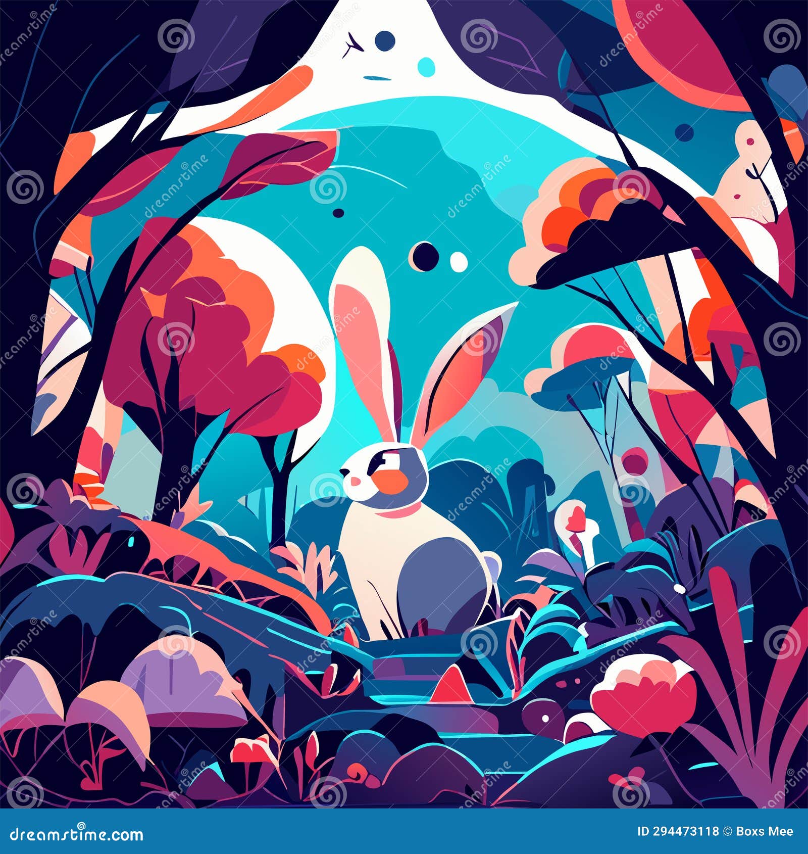 Landscape with Rabbit in the Forest. Vector Illustration in Flat Style ...