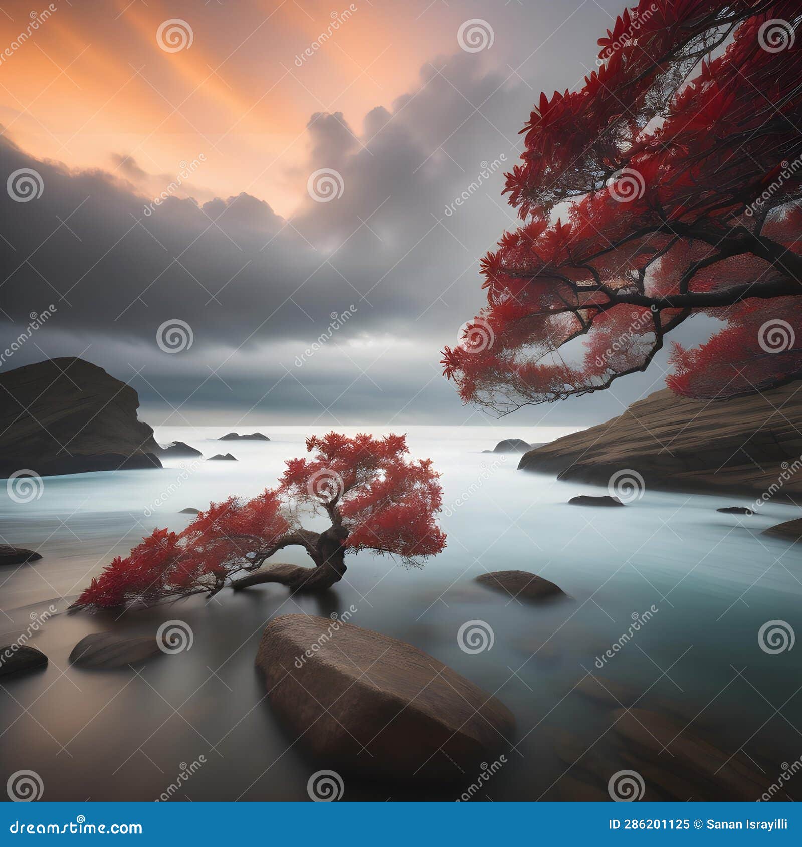 Landscape with Red Tree on the Seashore at Sunset. Generative Ai Stock ...