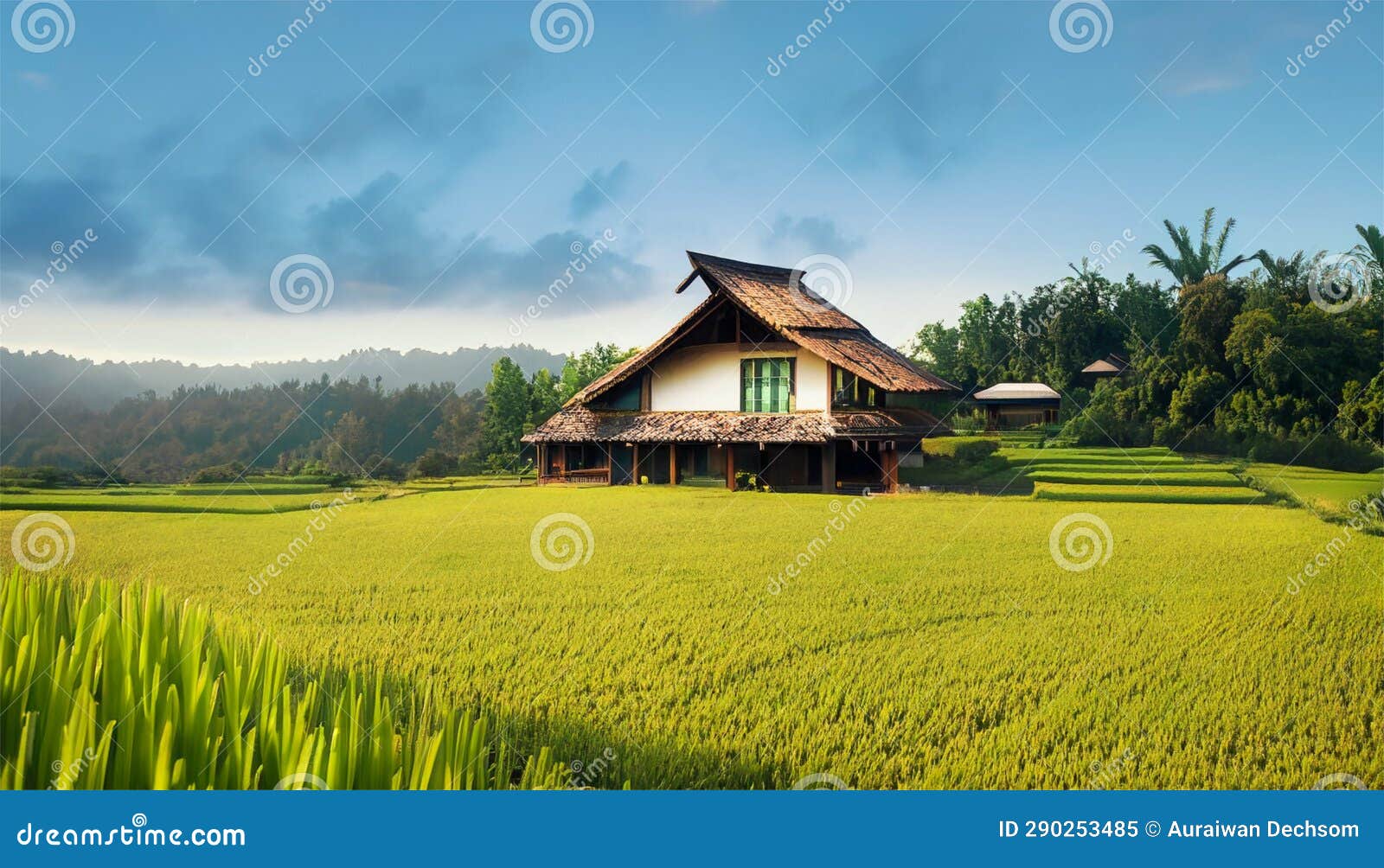 Landscape Rice Field with House. AI Generated Stock Image - Image of ...