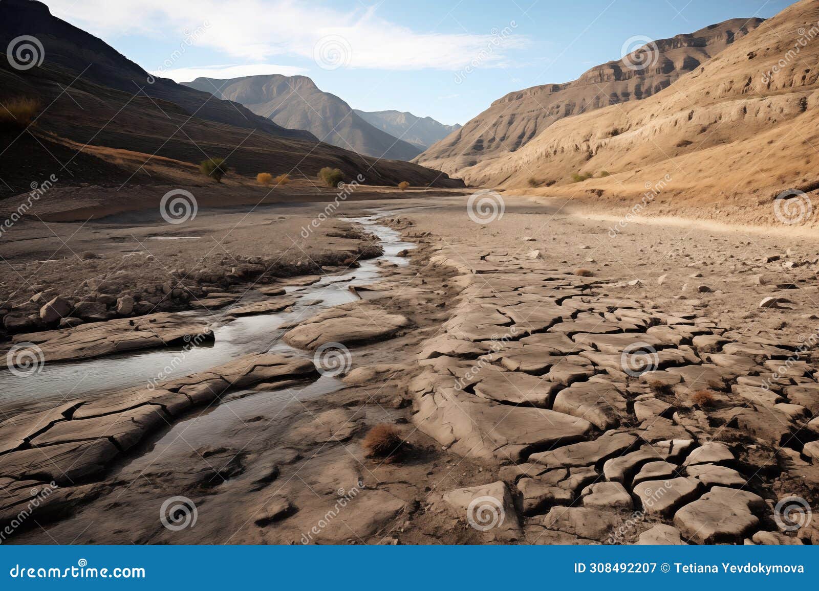 Landscape with River and Dry Land. Parched Riverbed and Water Scarcity ...