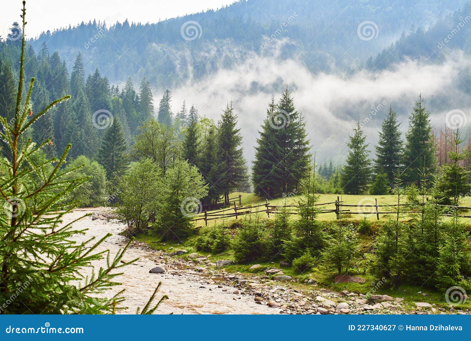 Landscape with River, Fog, Forest and Mountains Stock Image - Image of ...