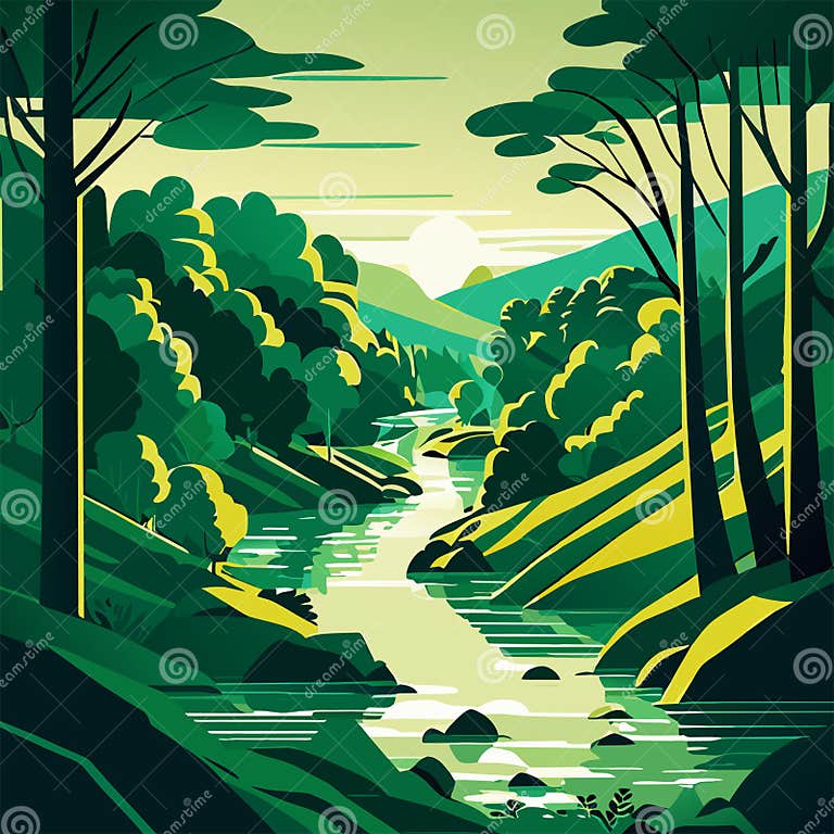 Landscape with River and Forest. Vector in Flat Style. Generative AI ...