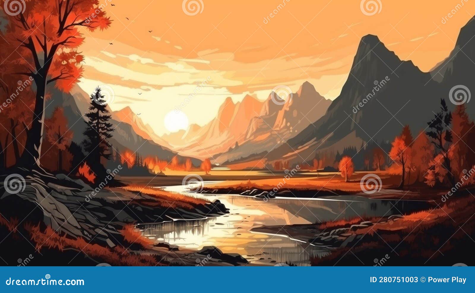 Landscape with River, Mountains and Forest at Sunset. Vector ...