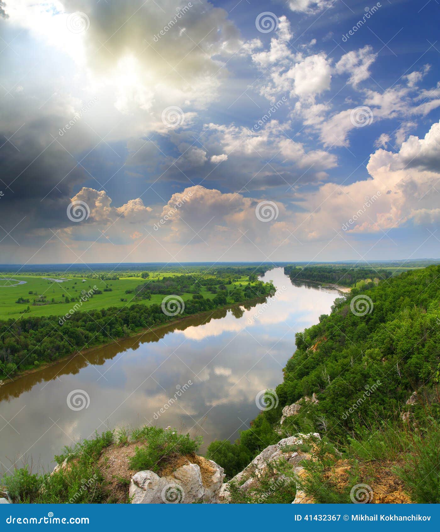 Landscape with River and Rain on Horizon Stock Image - Image of ...