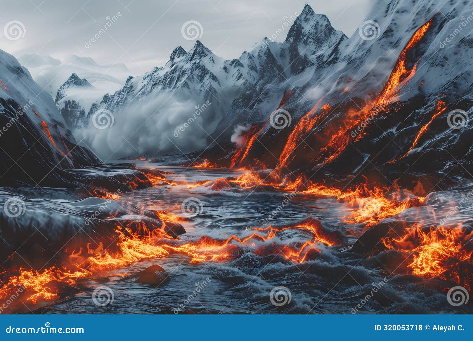 A Landscape with Rivers of Fire Flowing through Snowy Mountains. Stock ...