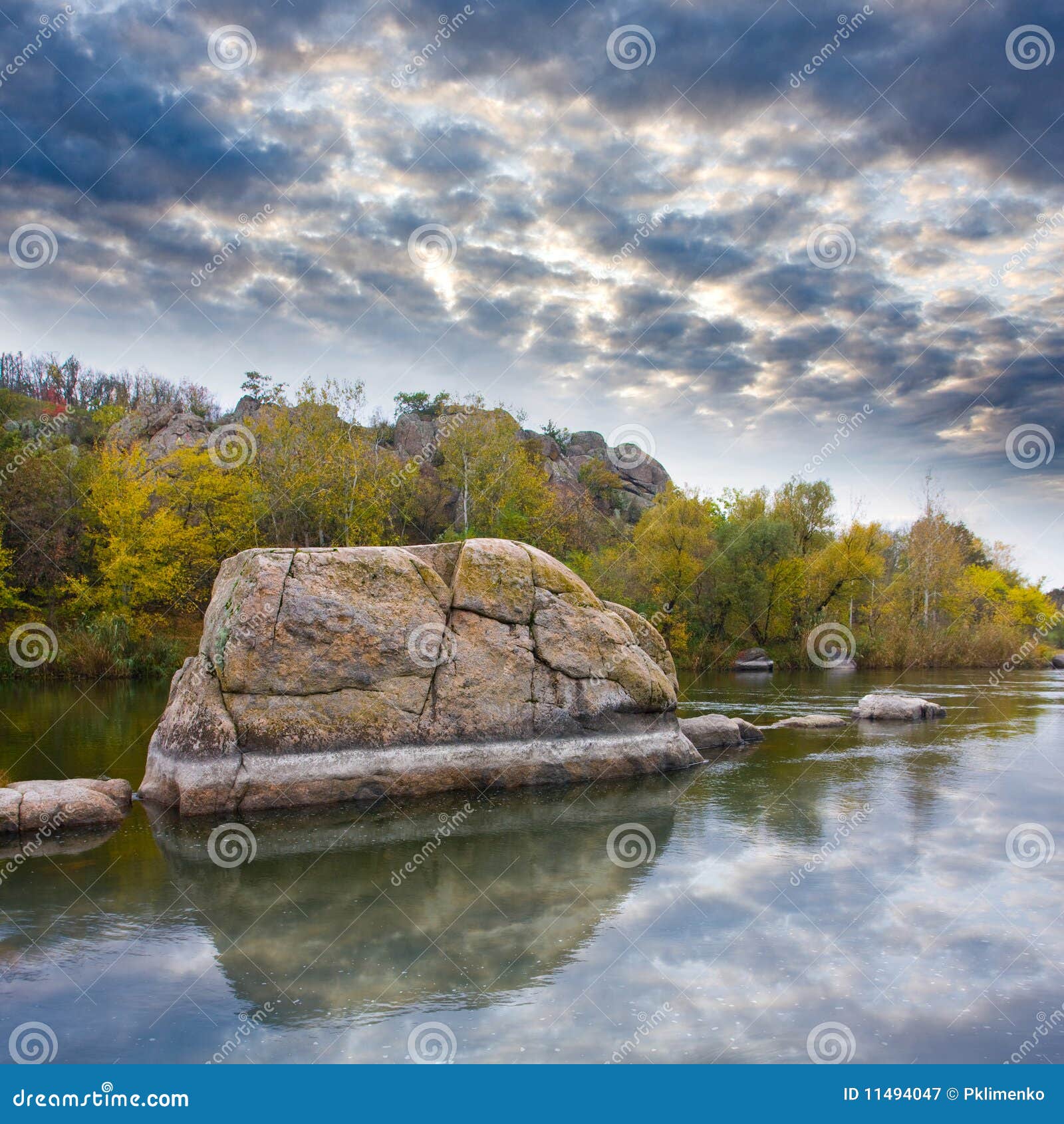 Landscape with Rock on River Stock Image - Image of rain, reflection ...