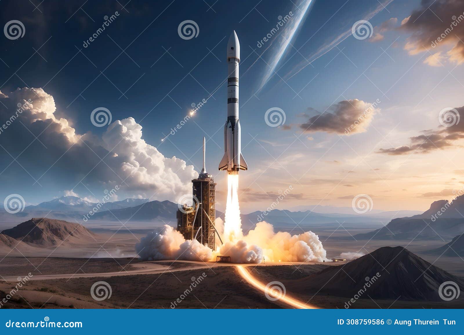 A Landscape of a Rocket Launching Stock Photo - Image of technology ...
