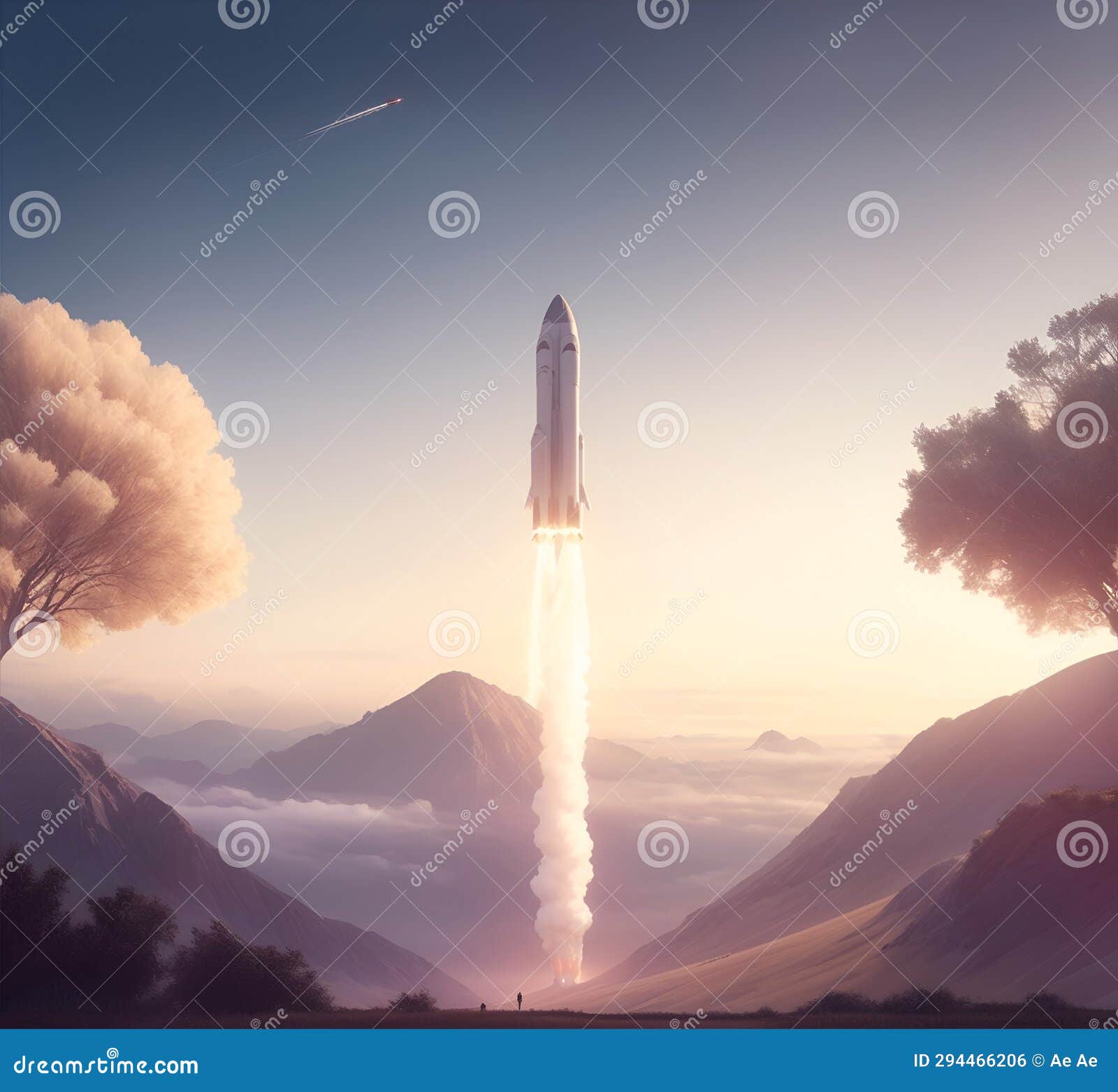 Landscape with a Rocket. Illustration Created Using Artificial ...
