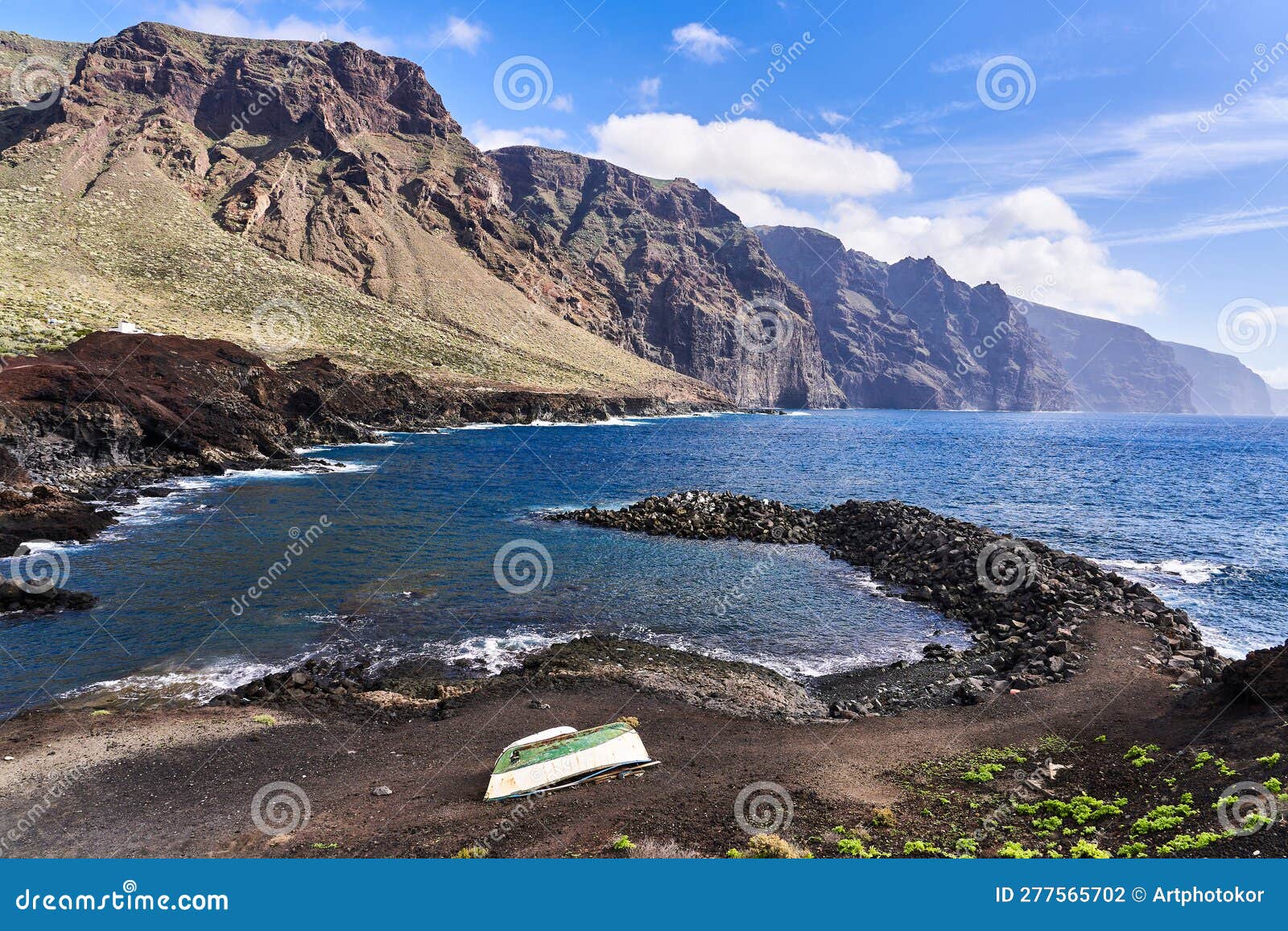 Landscape with Rocks and a Boat on the Ocean on a Bright Sunny Day ...