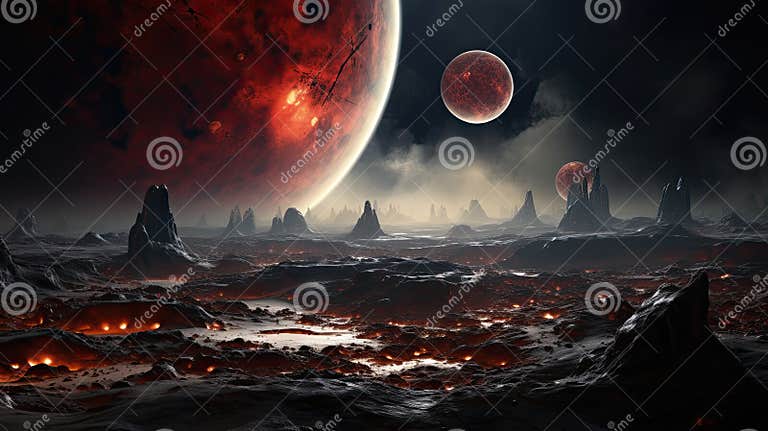 A Landscape with Rocks and Red Planets Stock Illustration ...