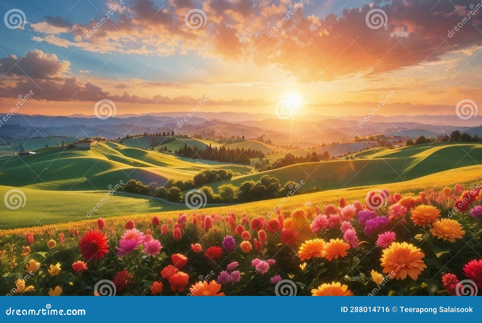 A Landscape of Rolling Hills and Vibrant Flowers Stock Illustration ...