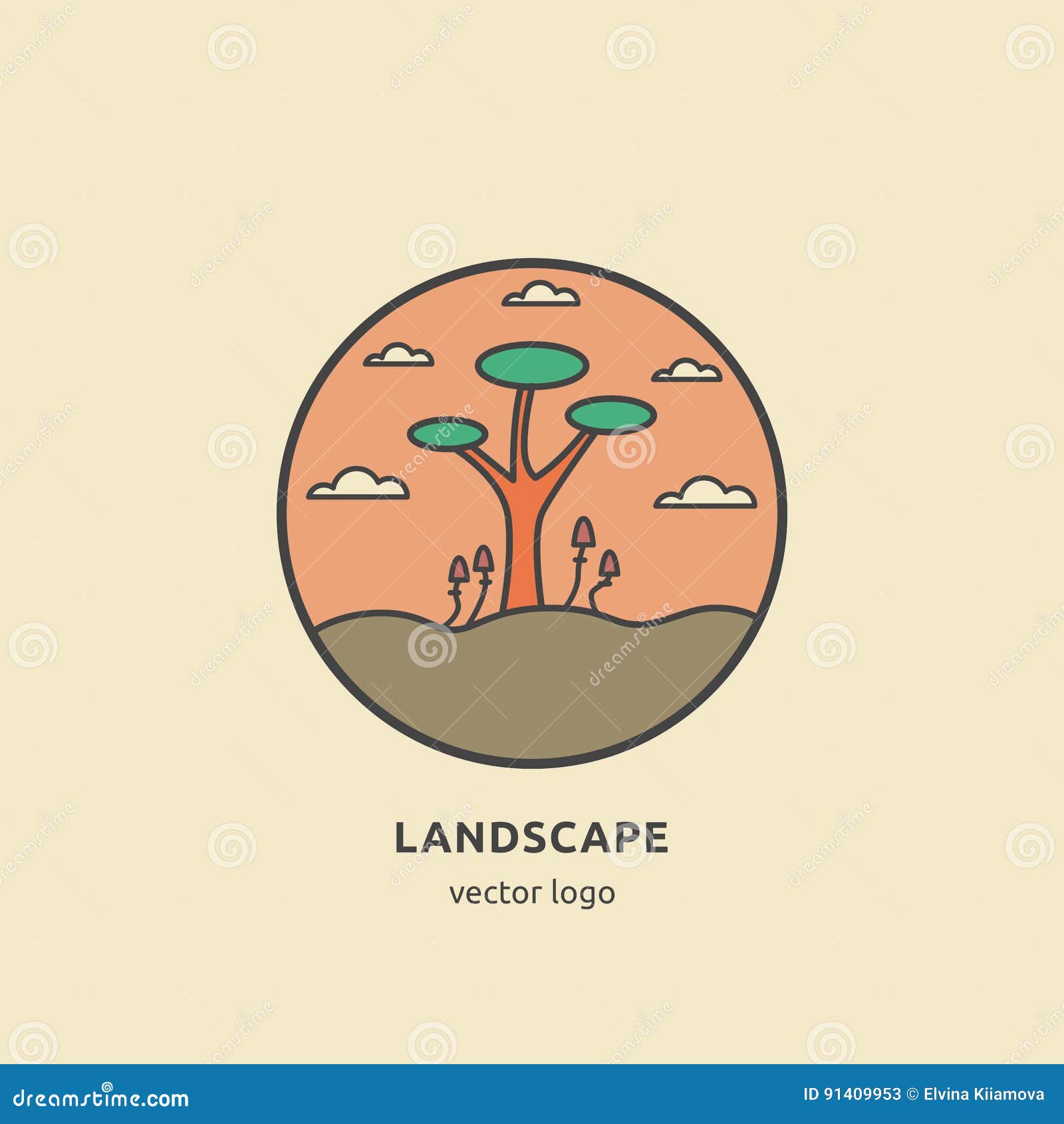 Landscape Round Design Concept in Flat Line Style. Stock Illustration ...